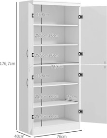 HOMCOM Skříňka do kuchyně a jídelny s 4 dvířky a 6 policemi, moderní styl 76 x 40 x 177 cm, bílá