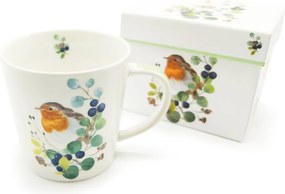 Porcelánový hrnek Červenka, bílý, 400 ml – motiv červenky, zelených lístků a bobulí