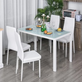 HOMCOM Jídelní Set s Táborem a 4 Židlemi, 5-Dílný Kuchyňský Nábytek, Obdélníkový Stůl s Temperovaným Sklem a Židle s Čalouněním z PU na Bílých Kovový…
