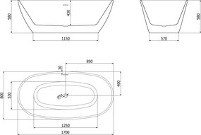 Mexen Eris, volně stojící vana 170 x 80 cm, bílá-černá, měděný přepad, 53441708075-65