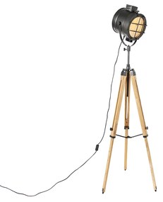 Stojací lampa do ateliéru s trojnožkou černá se dřevem - Shiny