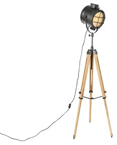 Stativová stojací lampa černá s dřevěným studiovým bodem - Lesklá