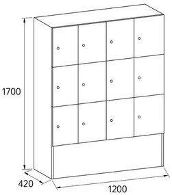 Dřevěná odkládací skříňka S5 s úložnými boxy, 12 boxů, 1700 x 1200 x 420 mm, cylindrický zámek, bříza