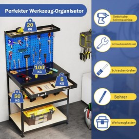Costway Pracovní stůl nosnost 225 kg s perforovanou stěnou a zásuvkami a – modrý