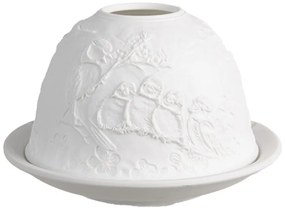 Bílý porcelánový svícen na čajovou svíčku s ptačí rodinkou a kytičkami – 12x8 cm