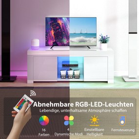 HOMCOM TV skříňka s LED osvětlením, 2 dveře skříně, skleněná police, otvory pro kabely, do obývacího pokoje, dřevotříska, bílá