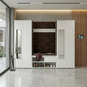 Předsíňová stěna Trinity 10 s čalouněnými panely, 280 cm, bílá / tmavě hnědá
