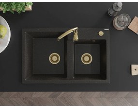 Mexen Tomas, granitový dřez 800x500x190 mm, 2-komorový, černá-zlatá metalíza se zlatým sifonem, 6516802000-75-G