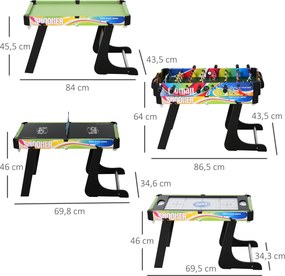 Skládací herní stůl HOMCOM 4v1 - Stolní fotbálek, Air Hockey, Pool, Ping Pong s příslušenstvím - 86,5x43,5x64 cm