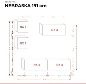 Ral Obývací stěna NEBRASKA 3, 191 cm - Bílo/černý lesk