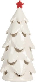 Bílý keramický LED stromeček s červenou hvězdou - Ø 9*19 cm