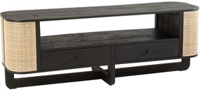 Černý dřevěný TV stolek J-line Meldo 140 x 40,5 cm s ratanovým výpletem