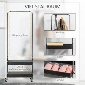 HOMCOM Komec na oblečení na kolečkách, věšák na kabáty s šatní tyčí, regál na boty, samostatná skříň vyrobená z oceli, vhodná do obývacího pokoje neb…