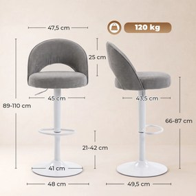 HOMCOM 2dílná sada barových židlí, výškově nastavitelné barové stoličky, polstrované sedadlo z chenille, otočné o 360°, šedá