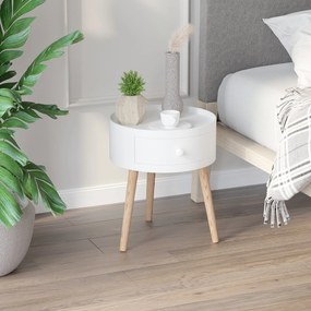 Noční stolek HOMCOM s 1 šuplíkem, kulatý stolek se zvýšeným okrajem a 3 dřevěnými nohami pro moderní styl ložnice a obývacího pokoje Ø38x45 cm Bílý |
