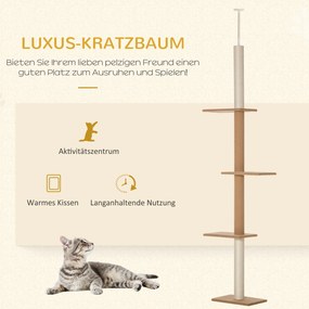 PawHut škrabadlo stropní vysoké 228-260 cm výškově nastavitelný šplhací strom pro kočky strom na hraní v khaki barvě | Aosom.de