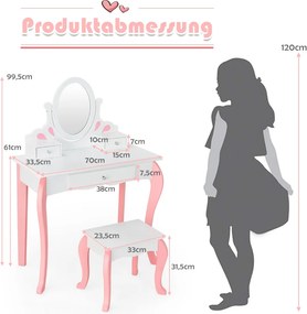 Costway Dětský toaletní stolek se stoličkou Princess se 3 zásuvkami a zrcadlem