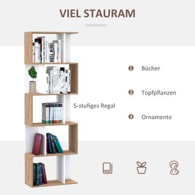 HOMCOM 5-patrová knihovna Dřevěný regál S-tvarovaný Moderní design pro obývací pokoj a kancelář 60x24x184,5 cm Bílá a dřevo