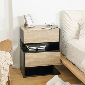 HOMCOM Sada 2 floating nočních stolků se zásuvkou a otevřenou poličkou do ložnice 46x30x30 cm Dub a černá | Aosom