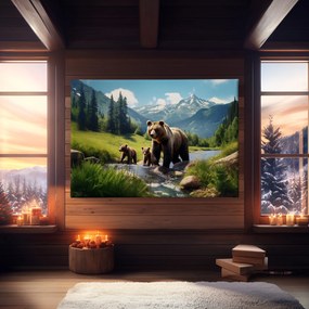 Obraz na plátně - Medvědí rodina se cachtá v potoce v údolí FeelHappy.cz Velikost obrazu: 40 x 30 cm