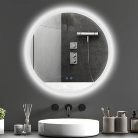 kleankin LED koupelnové zrcadlo, nastavitelná jasnost, odmlžování, dotyk, IP44, kov/sklo, Ø60 cm, bílá/stříbrná