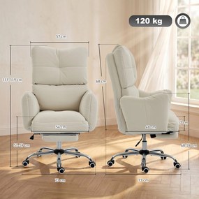 HOMCOM ergonomické kancelářské křeslo s podnožkou — krémově bílý flanel, silné čalounění, vysoké opěradlo, výškově nastavitelné