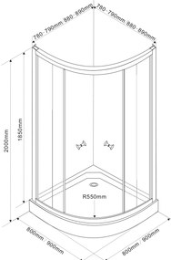 Aqualine, ARLEN čtvrtkruhová sprchová zástěna 900x900mm, sklo BRICK, BTR900