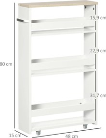 Kleankin 3-patrový úzký koupelnový regál se bočním madlem a kolečky pro kuchyň a obývací pokoj, moderní styl 48x15x80 cm Bílý