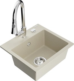 Mexen Milo, 1-komorový granitový dřez 435x410x171 mm a dřezová baterie Elia, béžová, 6505-69-670101-00