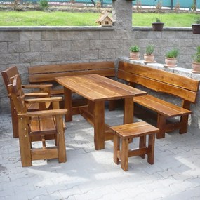 KULHÁNEK Zahradní dubová sestava - stůl, 2x křeslo, 1x stolička, 1x rohová lavice (rustikální provedení) Odstín nátěru: individuální