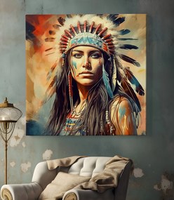 Obraz na plátně - Indiánská žena modré pírko FeelHappy.cz Velikost obrazu: 120 x 120 cm