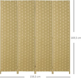 HOMCOM Dělicí stěna 4 panely 159,5x169,5 cm Skládací separator s dekorem z papírového provazu pro ložnici a obývací pokoj Hnědá