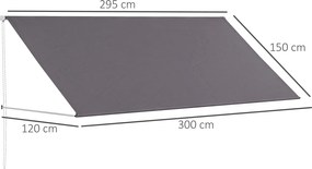 Manuální výsuvná markýza Outsunny s nastavitelným sklonem 300 x 120 cm, UV ochrana, hliník, polyester, tmavě šedá | Aosom