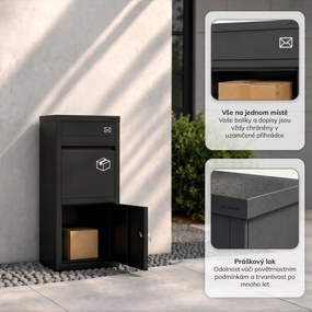 Schránka na balíky a dopisy, balíkový box, kovová, venkovní, uzamykatelná, černá PAT
