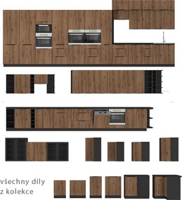 MONZA o | horní skříňka 60x60 GN-108 1F (45°) rohová s policemi | EXTRA VYSOKÁ | UNI dvířka | černá/ořech