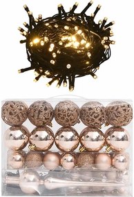 60dílná sada vánočních koulí se špicí a 150 LED růžová zlatá 330097