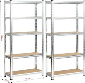 Sada 2 ks kovových regálů REGMET 70x30x154 cm stříbrná