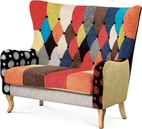 Dvojsedačka, potah látka patchwork, dřevěné nohy, masiv kaučukovník patchwork