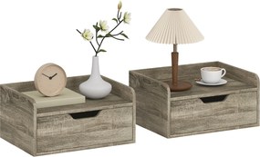 HOMCOM 2dílný set nástěnných nočních stolků, noční stolky se zásuvkou a poličkou s vyšším okrajem, 40x30x19,5 cm, šedá