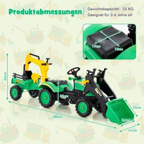 Costway 3 v 1 dětský buldozer s bagrem a 6 koly – 178 × 42 × 60 cm, zelený