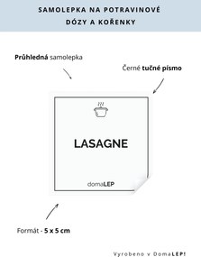 LASAGNE  – průhledná samolepka na dózu, tučné písmo, 5 x 5 cm | DomaLEP