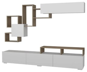 Set bílé TV komody v dekoru ořechového dřeva a nástěnné police Elit
