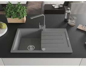 Mexen Bruno, dřez granitový 795x495x200 mm, 1-komorový, šedá s chromovým sifonem a šedá dřezová baterie Rita, 6513-71-670300-71