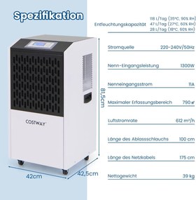 Costway 118 L/den odvlhčovač komerční stavební sušička s vypouštěcí hadicí 24 H