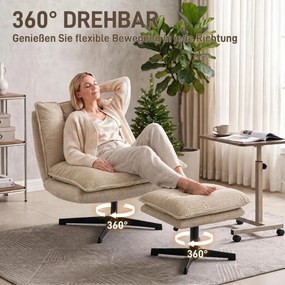 HOMCOM Lounge křeslo s podnožkou, otočné o 360°, potah z kordury, nastavitelná opěrka nohou, béžové