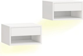 HOMCOM Noční stolek 2dílná sada s RGB LED osvětlením, závěsná noční skříňka s šuplíkem a otevřenou přihrádkou, bílá