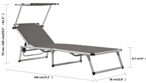 vidaXL Marketos Skládací zahradní lehátko se stříškou hliník a textilen šedé