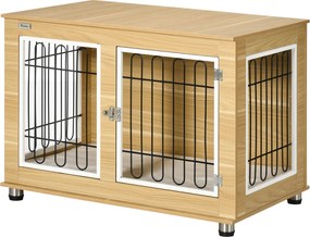 Nábytek pro psy PawHut - klec s 2 dveřmi, polštářem a 2 zámky, kovová boudička pro velké psy do 25 kg, boční stolek, rozměr 90 x 58 x 65 cm, dub | Aos