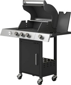 Outsunny plynový gril 10,5 kW (3+1 hořák) s vozíkem — boční hořák, otvírák, teploměr, litinové rošty, ohřívací rošt, kolečka, boční poličky a skříňka