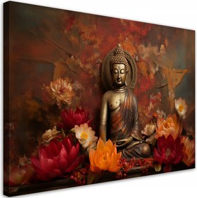 Obraz na plátně, Meditující Buddha a barevné květiny 100x70